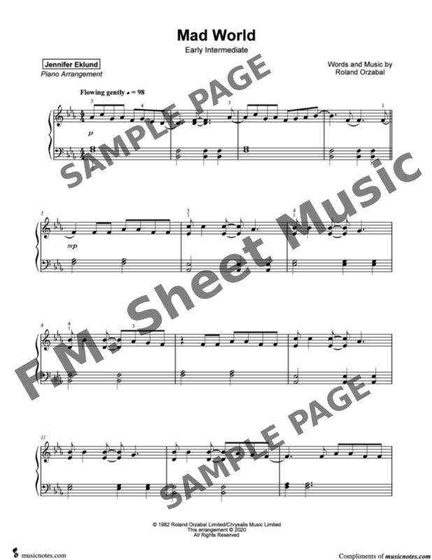 Mad World (Early Intermediate Piano) By Gary Jules, Tears for Fears - F.M. Sheet Music - Pop ...